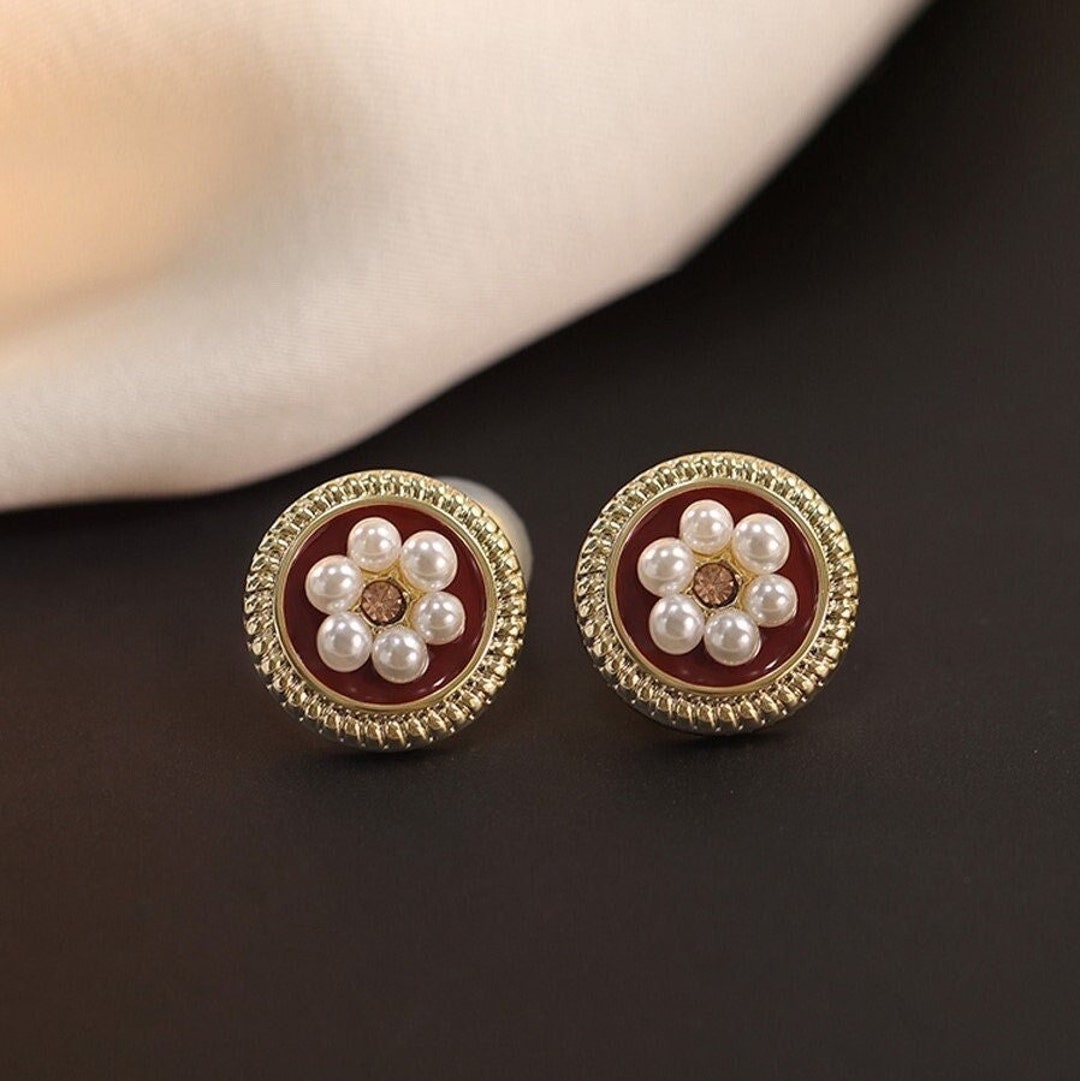 Clip on Earring Minimalism Hoop 14 Gold Pearl Vintage Floral Non ...