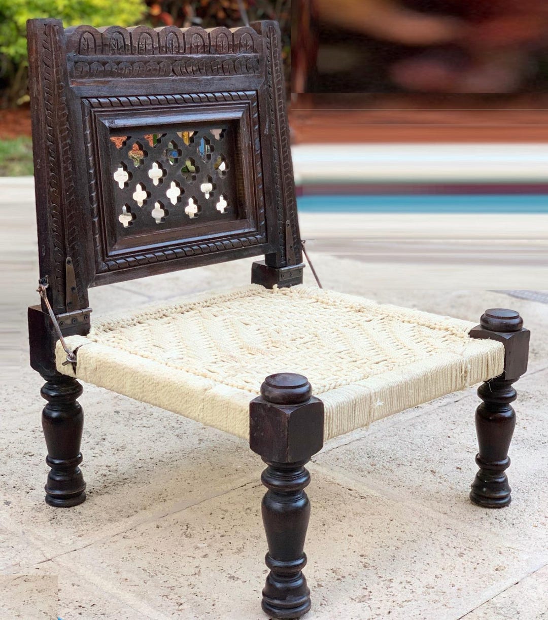Pida Chair Wooden Charpai White Colour Rope Indian Handmade Craved Low ...