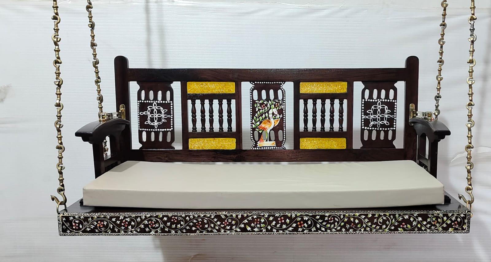 Swing in Brown Finish / Wooden Ceiling Swing/ Wooden Handicrafts Jhula / Painted Wooden Oonjal ...