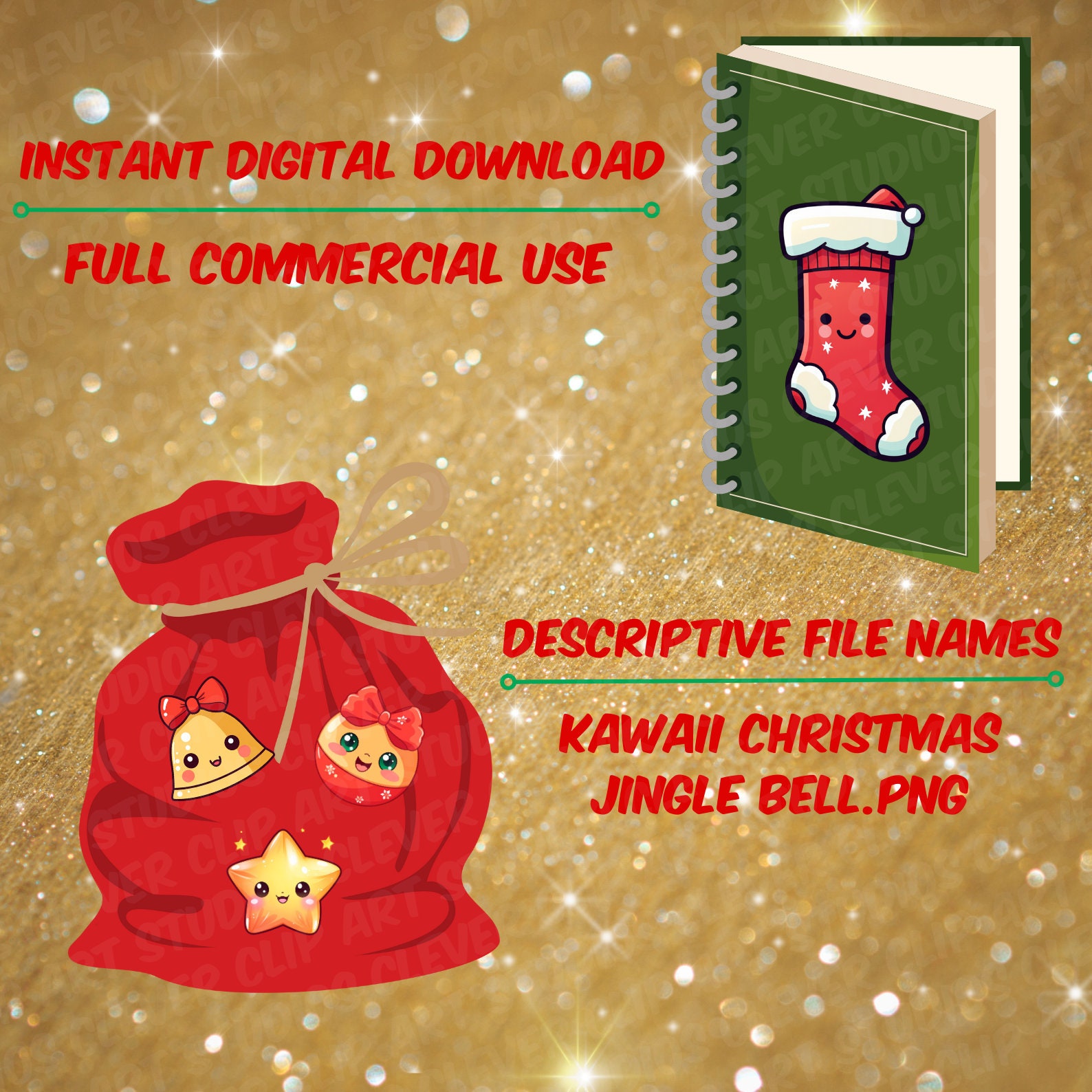 Cute Kawaii Christmas Clipart Bundle Transparent Printable Christmas ...