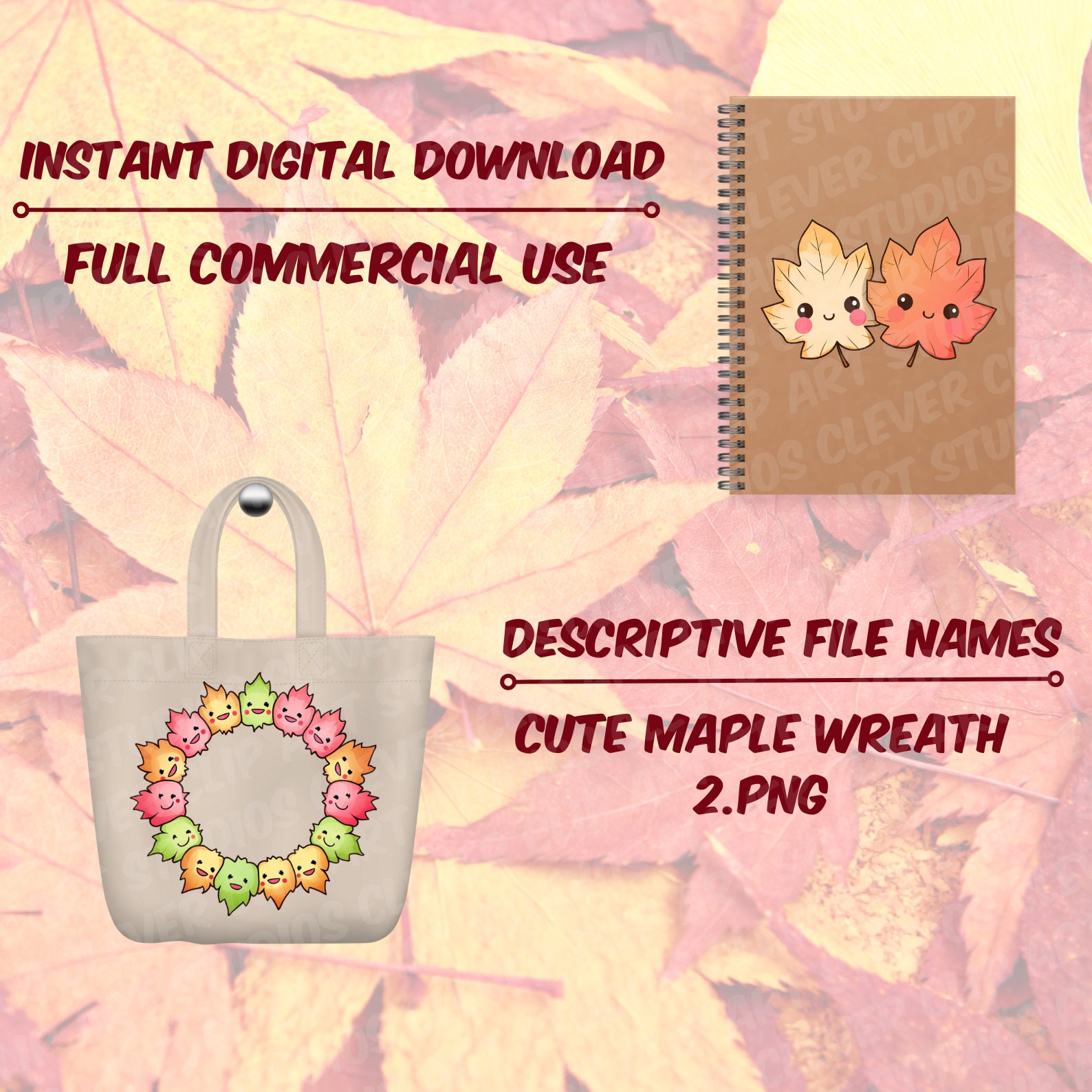 Cute Maple Leaves Clipart Bundle Kawaii Autumn Maple Leaf Cute Fall PNG ...