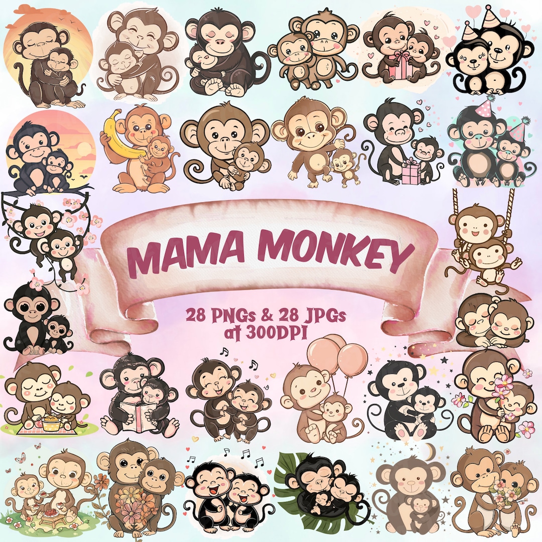 Mama Monkey and Baby Monkey Happy Mothers Day Clipart Bundle Cute ...