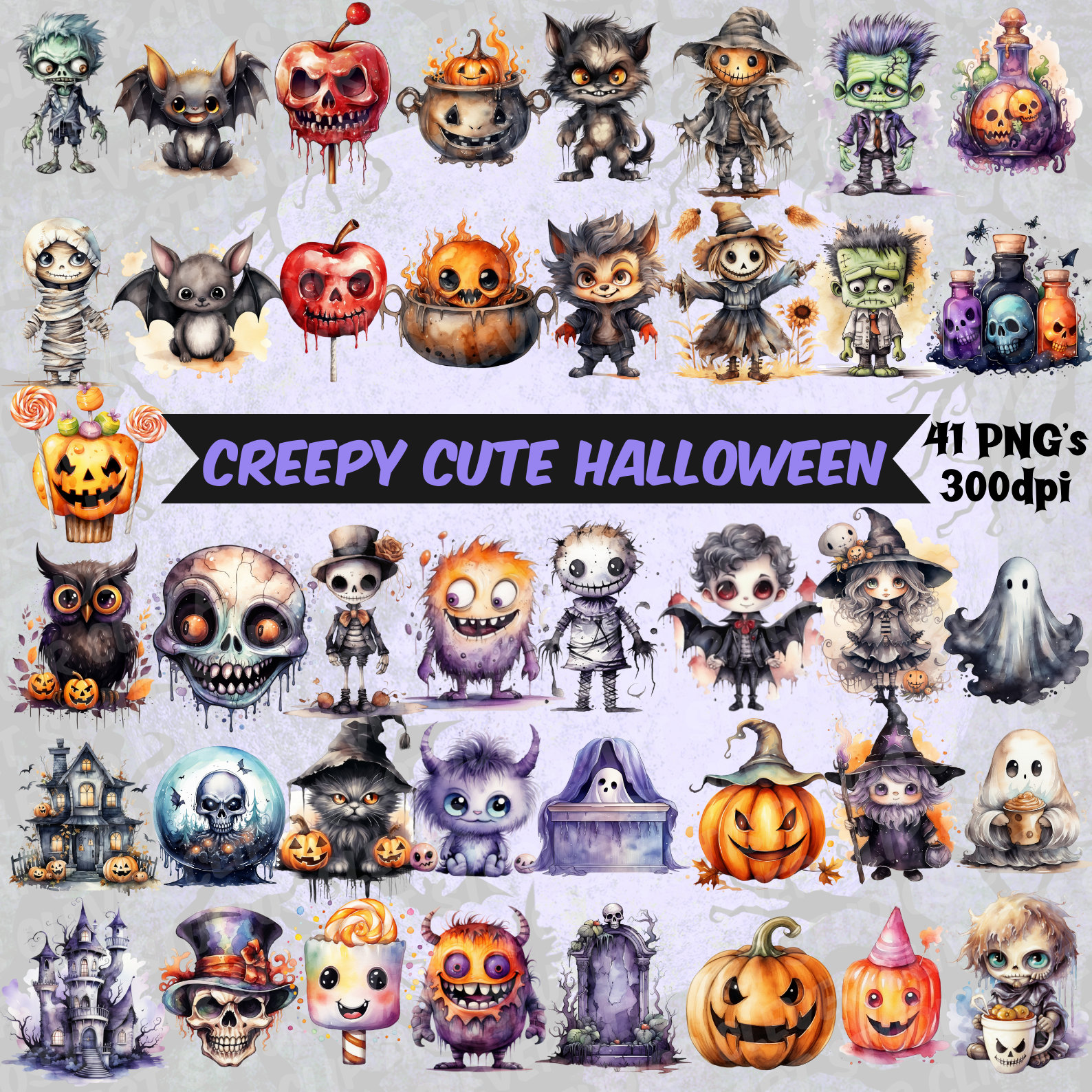 Creepy Cute Watercolor Halloween Clipart Spooky PNG Bundle Creepy Cute ...