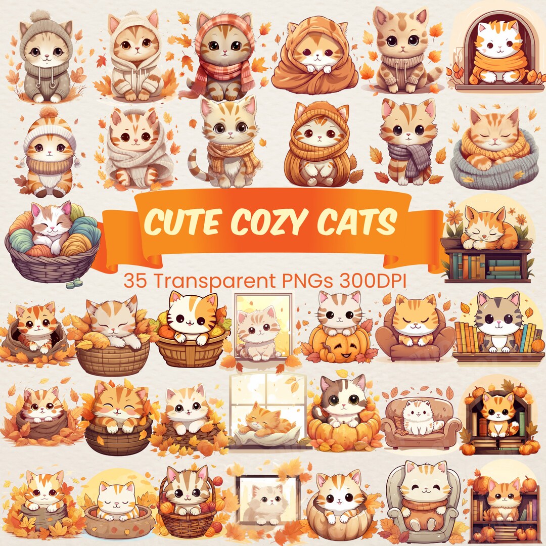 Cute Cozy Cats Clipart Bundle Autumnal Clipart Kawaii Cute Kitten ...