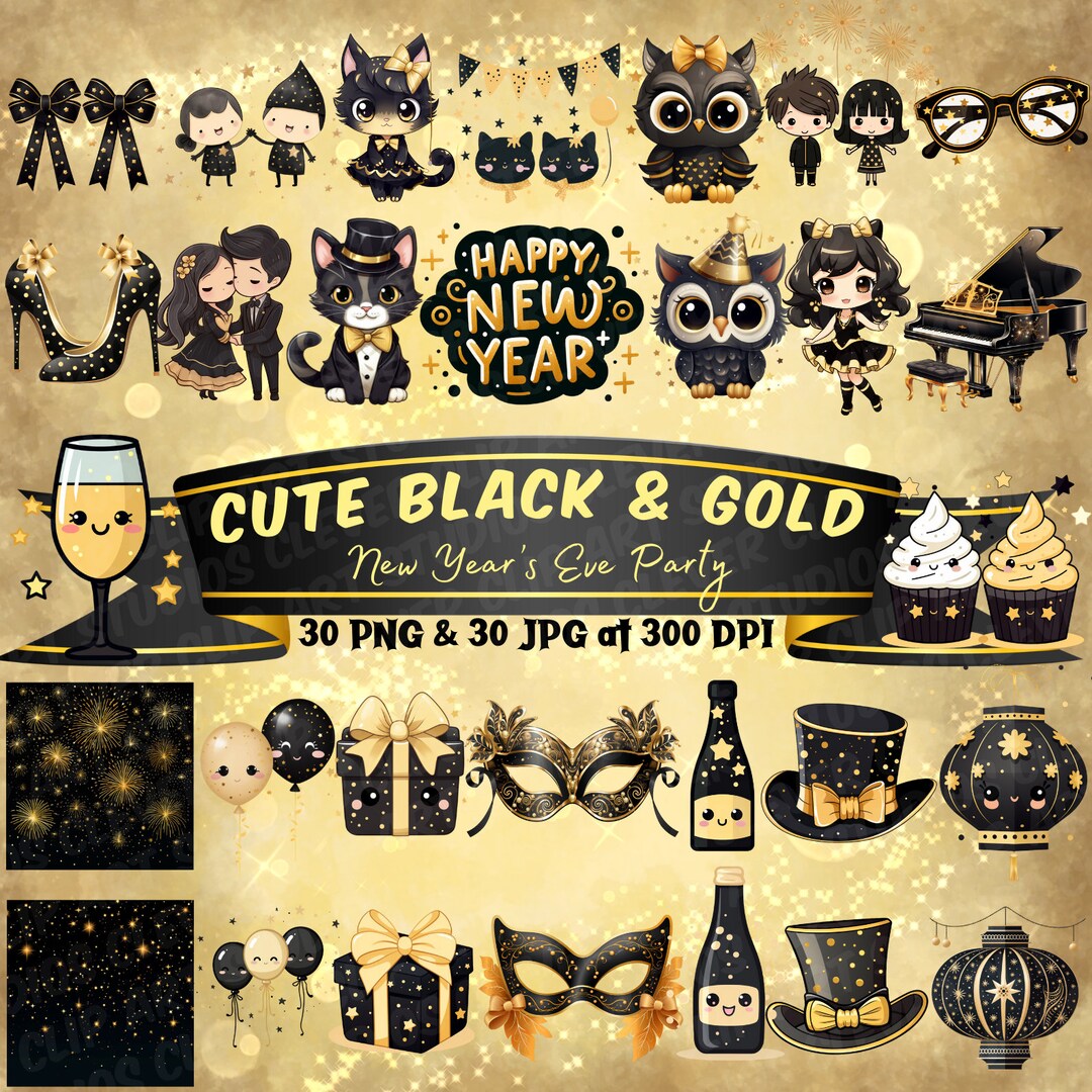 Cute New Year Black and Gold Clipart Collection Cute Black Gold Party ...