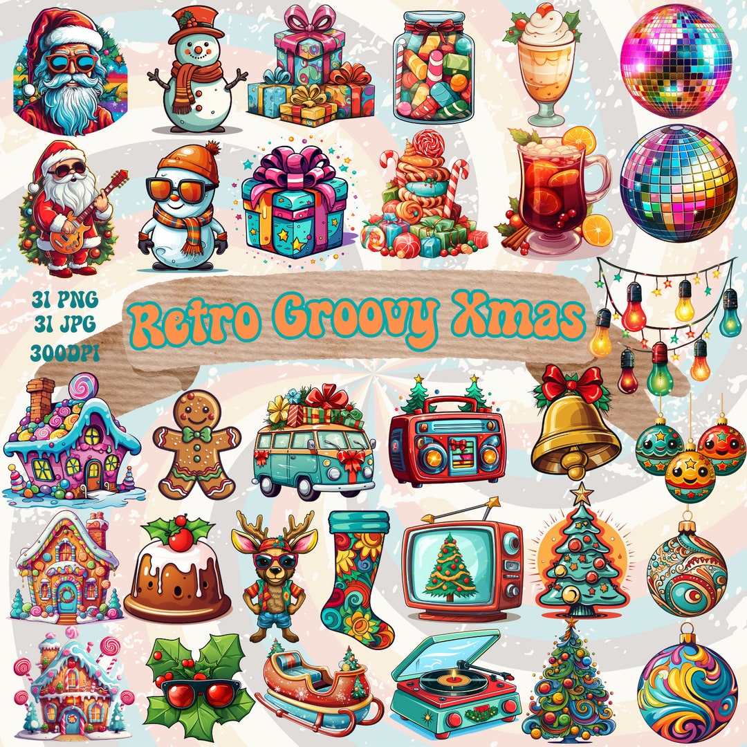 Retro Groovy Christmas Clipart Bundle Groovy Retro Christmas PNG Bundle ...