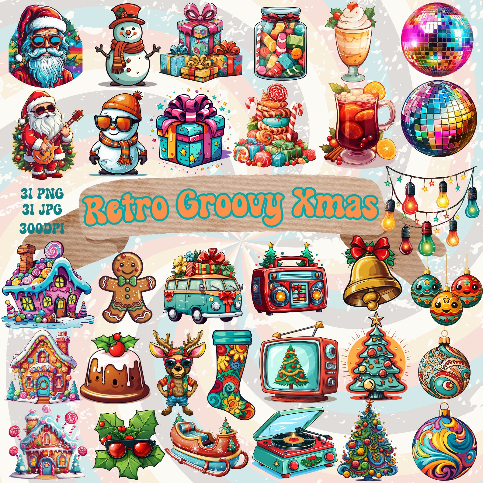 Retro Groovy Christmas Clipart Bundle Groovy Retro Christmas PNG Bundle ...