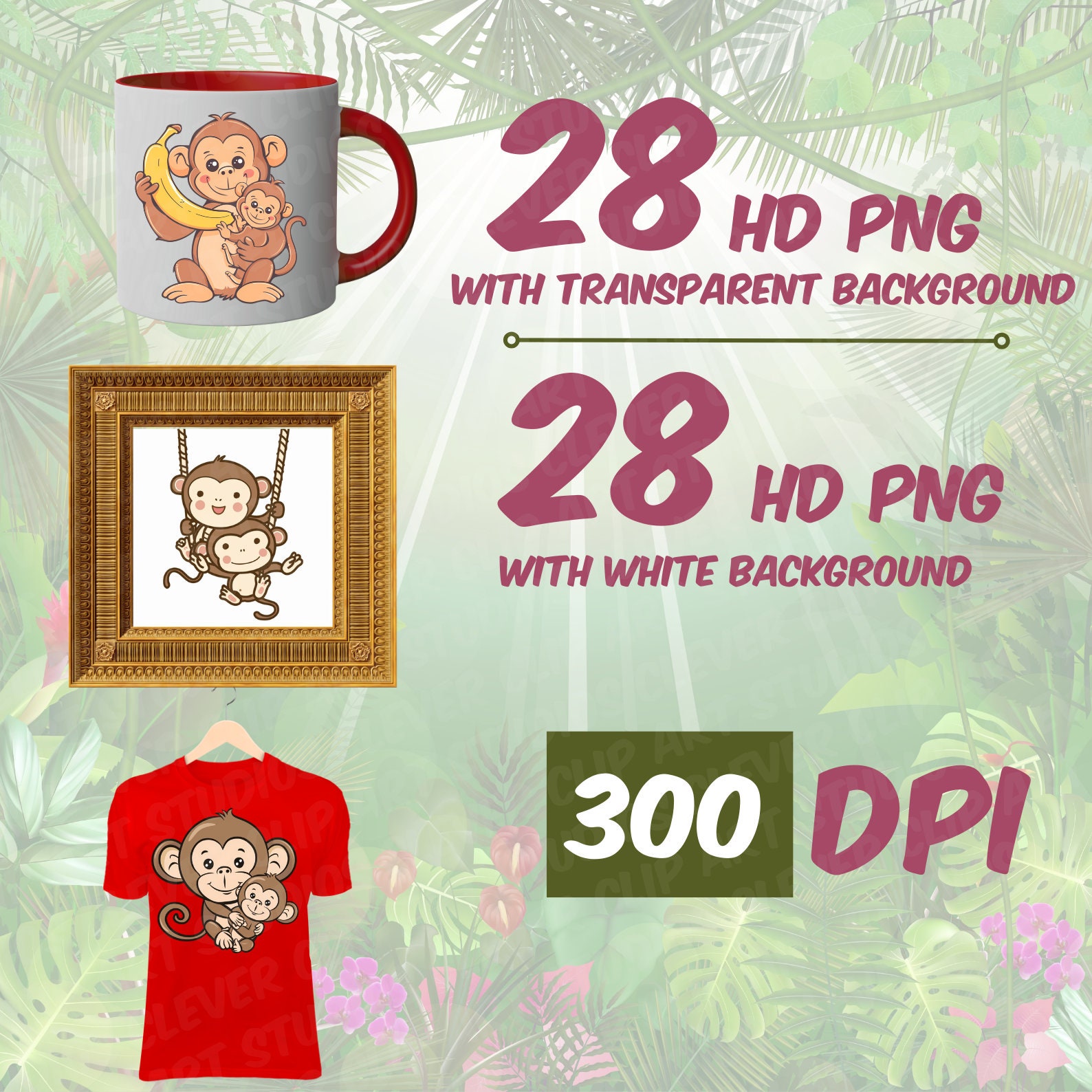 Mama Monkey and Baby Monkey Happy Mothers Day Clipart Bundle Cute ...
