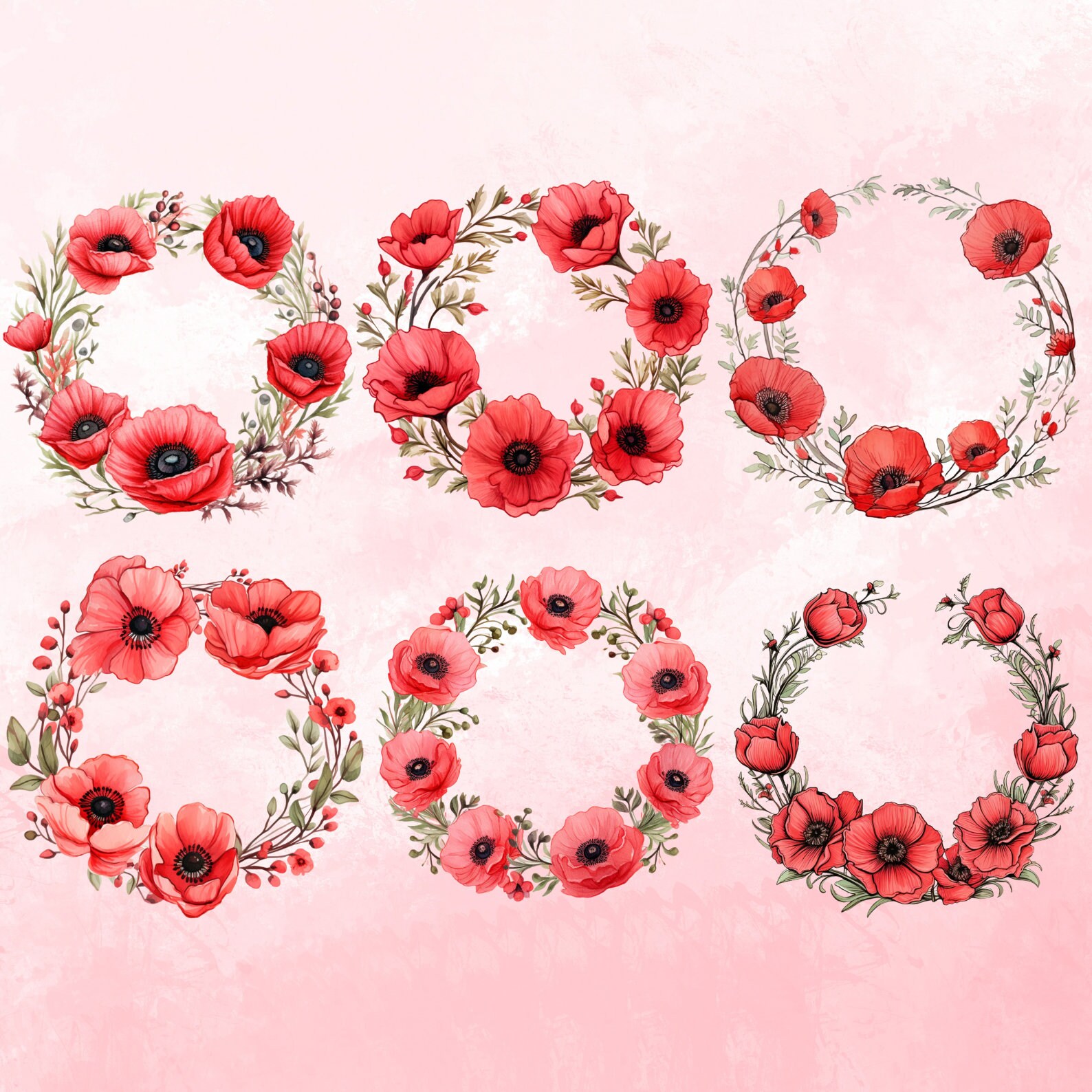 Poppy Floral Frames Clipart Bundle Watercolor Red Poppies Wreath ...