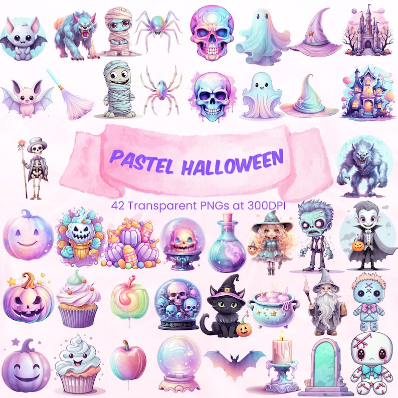 Pastel Halloween Cute Clipart Watercolor Pastel Blue Pink - Etsy