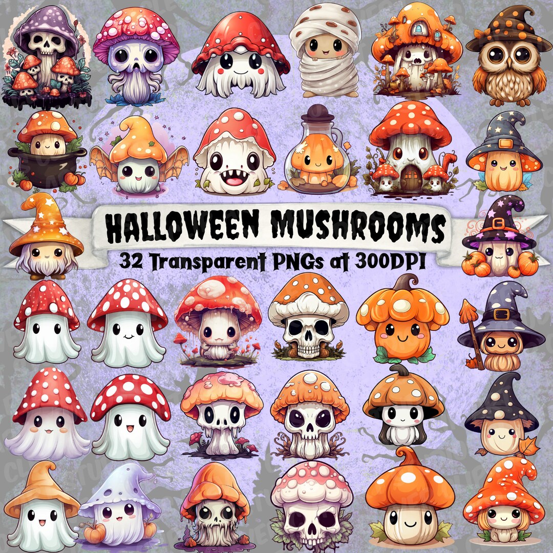 Halloween Mushrooms Clipart Cute Kawaii Mushroom Fun Fungi PNG Bundle ...