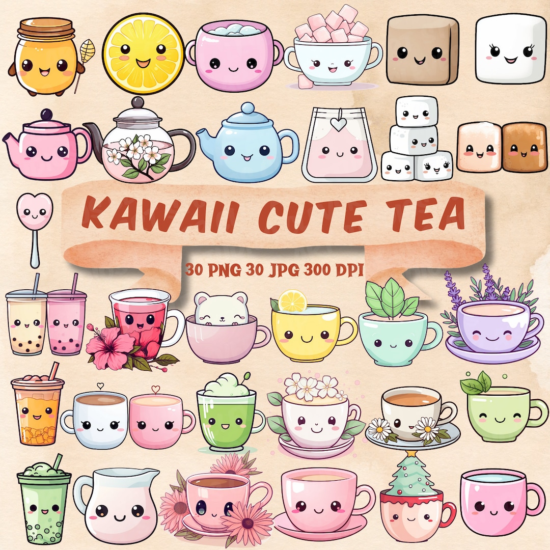 Kawaii Cute Tea Clipart Collection Pastel Kawaii Tea PNG Bundle Premade ...
