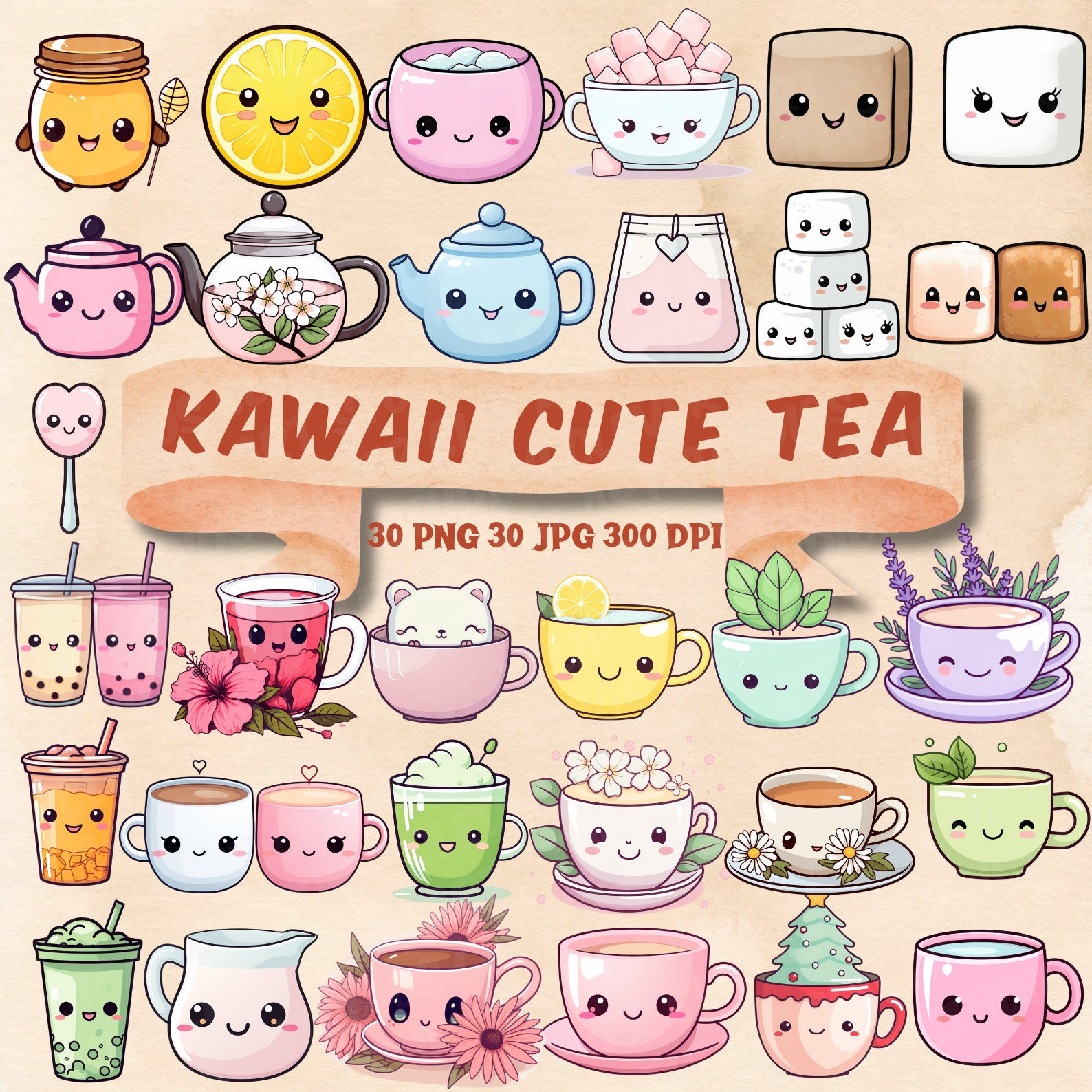 Kawaii Cute Tea Clipart Collection Pastel Kawaii Tea PNG Bundle Premade ...