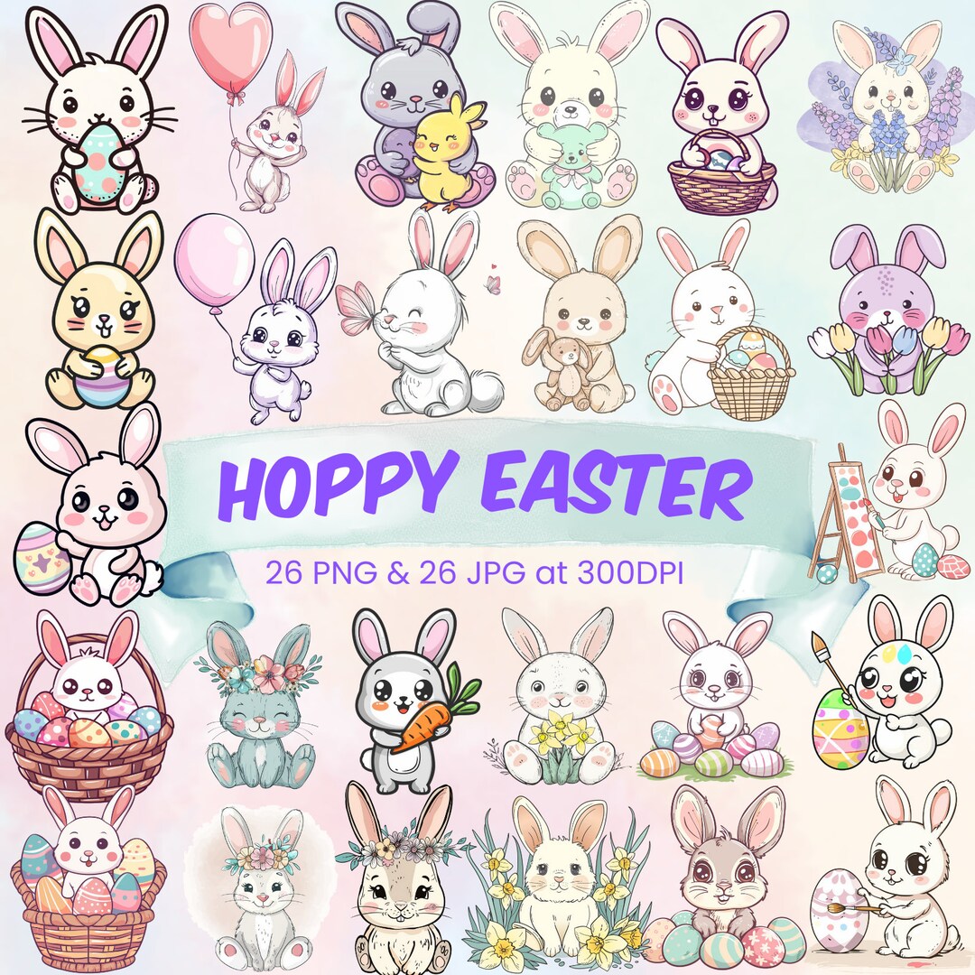 Cute Easter Bunny Clipart Bundle Kawaii Bunny PNG Bundle Cute PNG ...