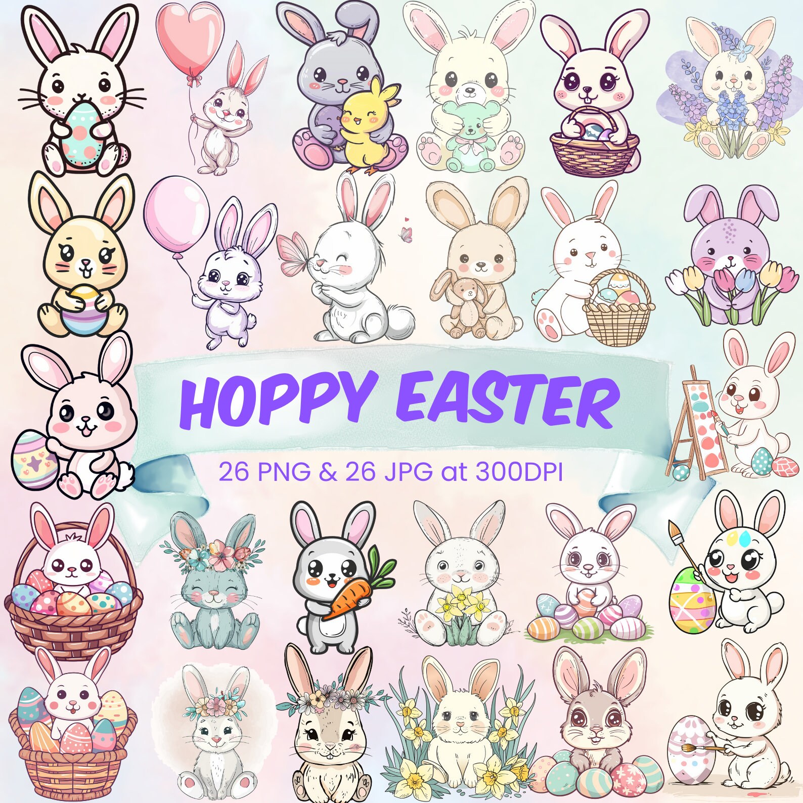 Cute Easter Bunny Clipart Bundle Kawaii Bunny PNG Bundle Cute PNG ...