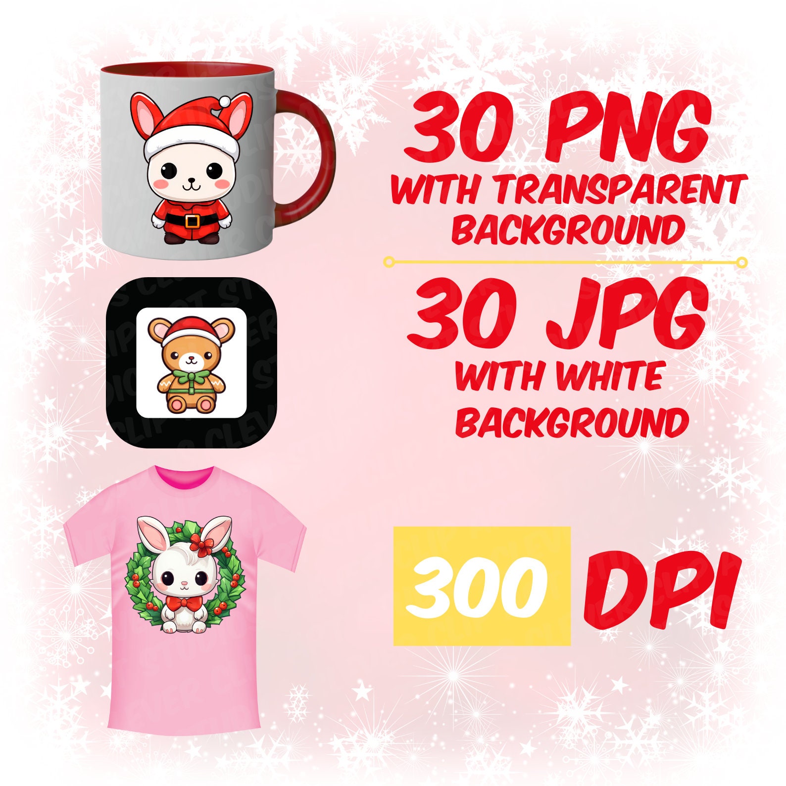 Christmas Kawaii Bunny Clipart Bundle Cute Bunny Rabbit Christmas PNG ...