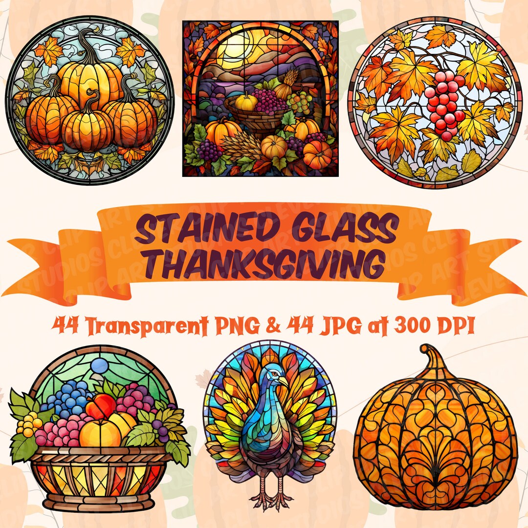 Stained Glass Thanksgiving Clipart Bundle Square & Round Shaped Stained ...
