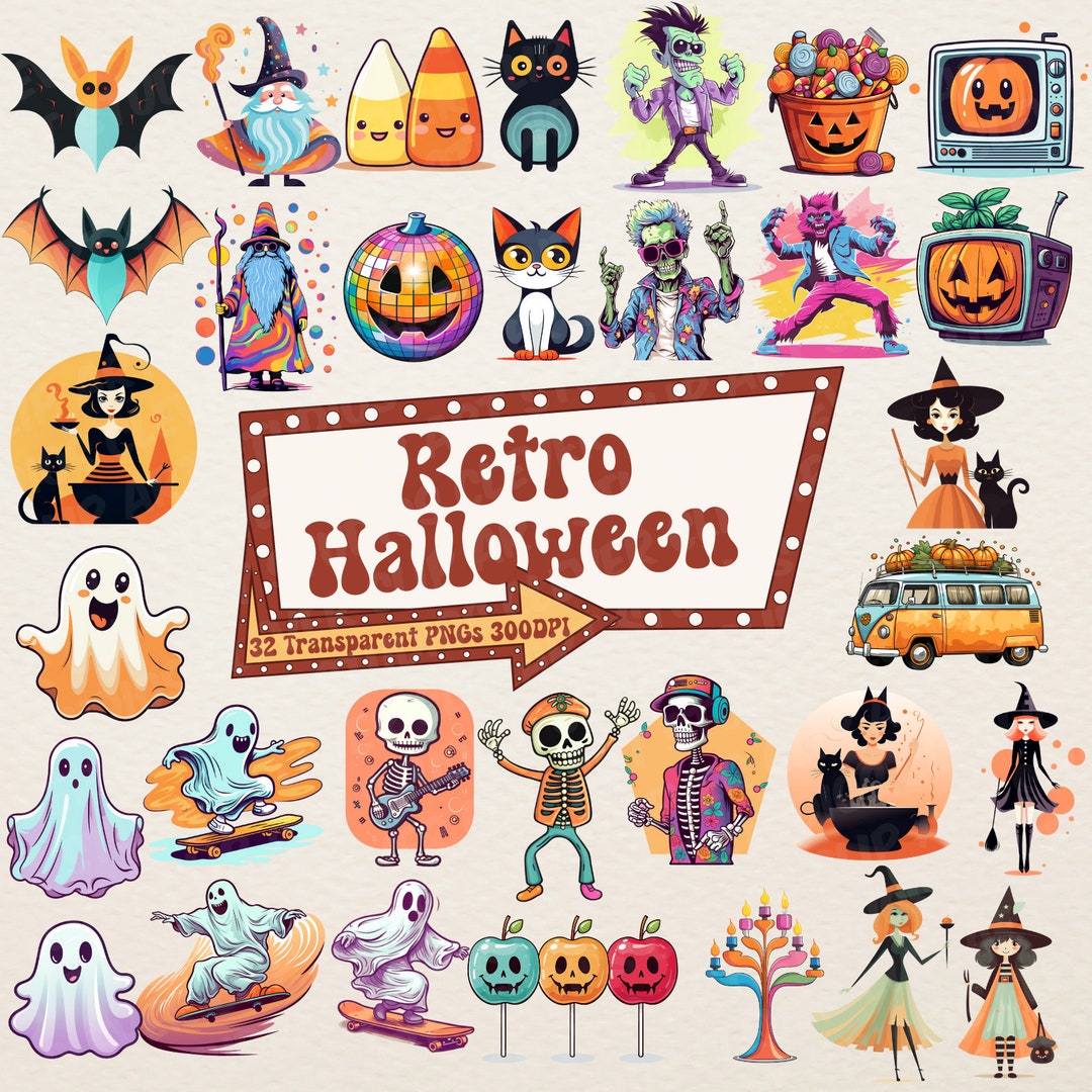 Retro Halloween Groovy Clipart Bundle Vintage Ghost Spooky Skeleton ...