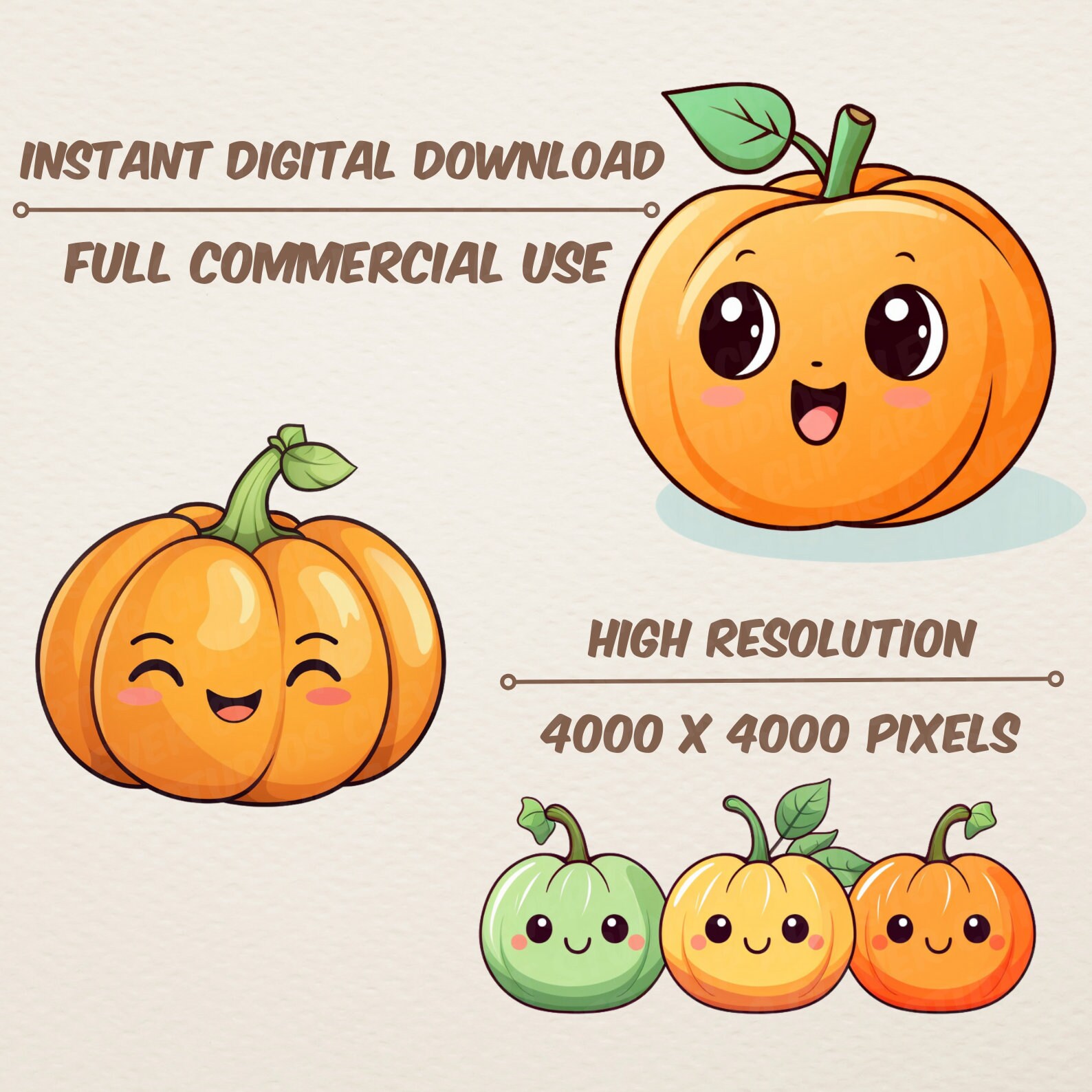 Kawaii Pumpkins Cute Halloween PNG Bundle Clipart Pumpkin Faces ...