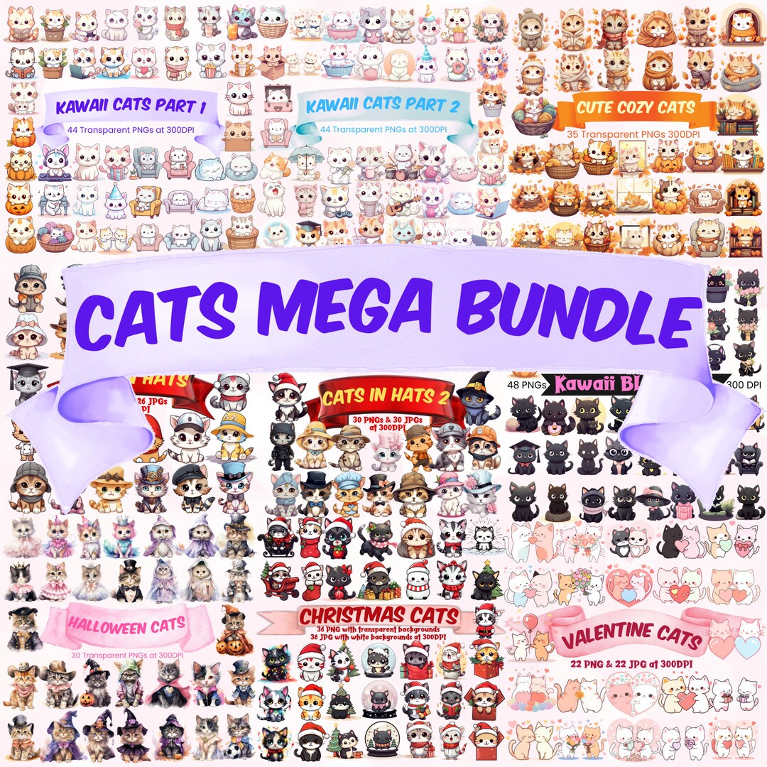 Cat Mega Bundle Cute Cat Kawaii Clipart Megabundle Kitten Clipart ...