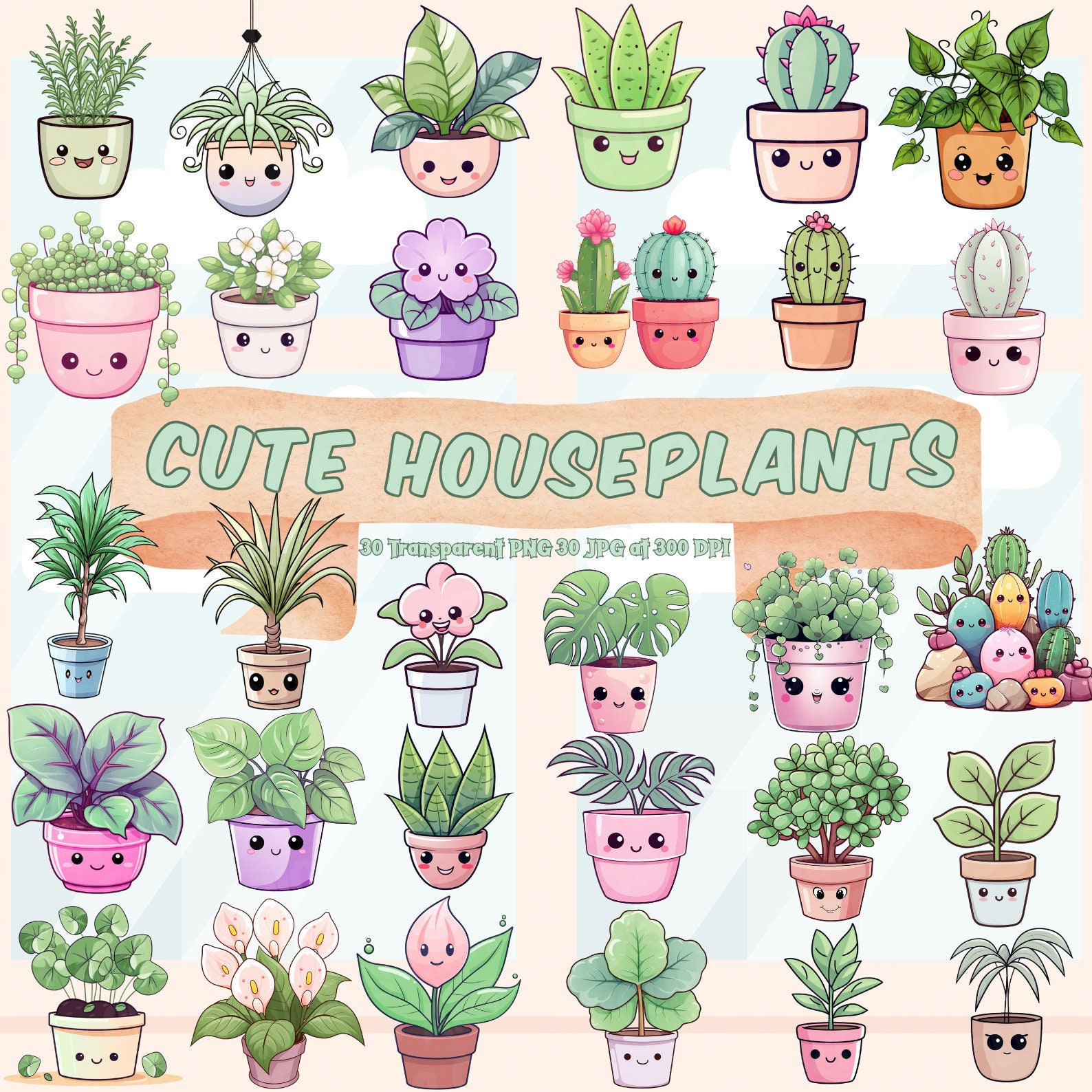 Cute Houseplant Clipart Collection Kawaii Potted Plants PNG Bundle ...