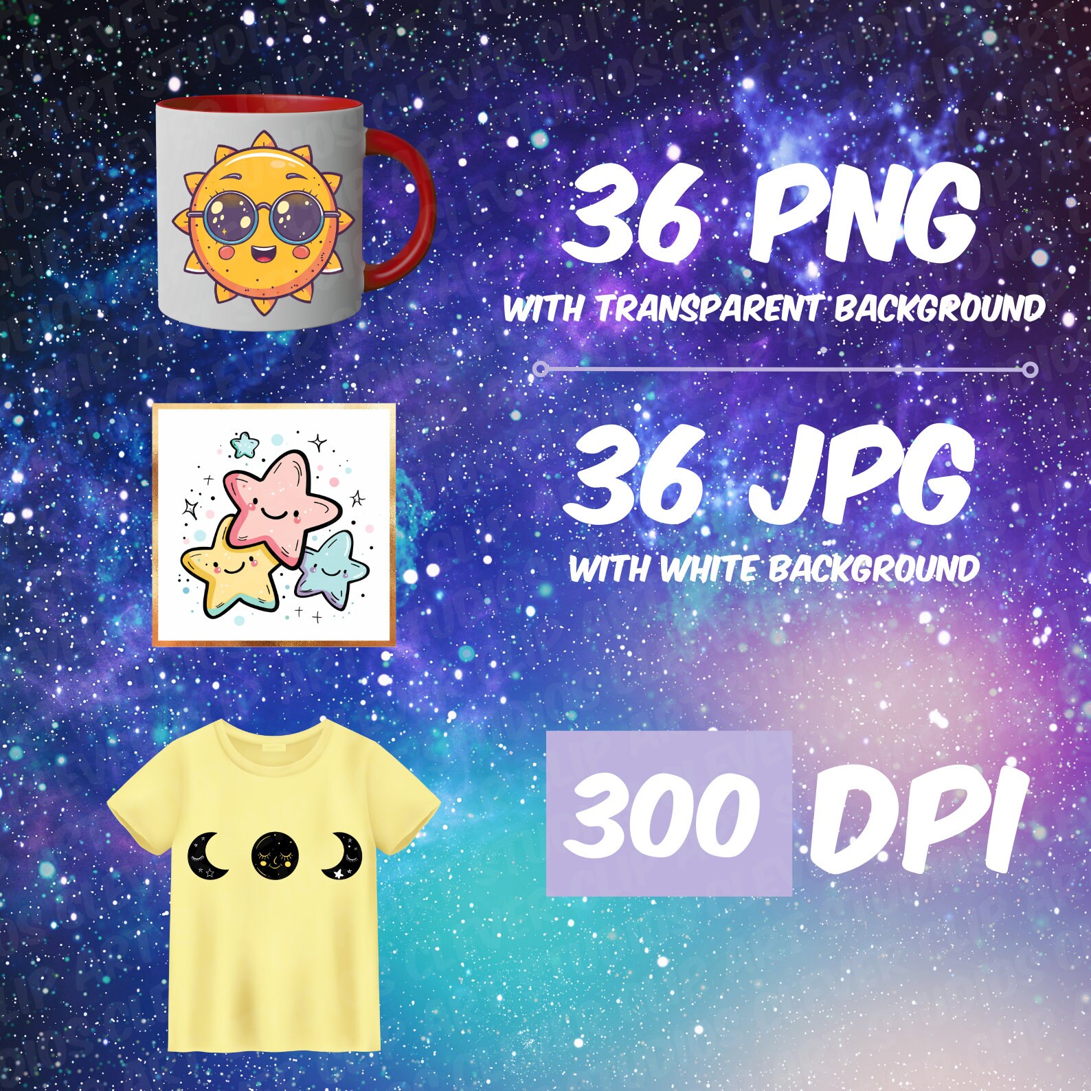 Cute Sun Moon and Stars Clipart Bundle Sun Moon Stars Kawaii Download ...