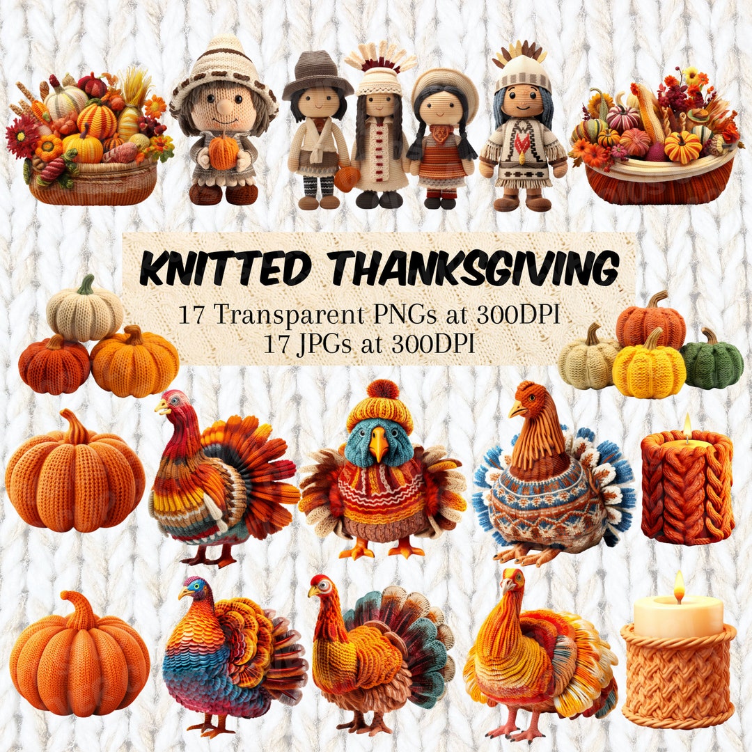 Thanksgiving Knitting Clipart Bundle Printable Transparent PNG Designs ...