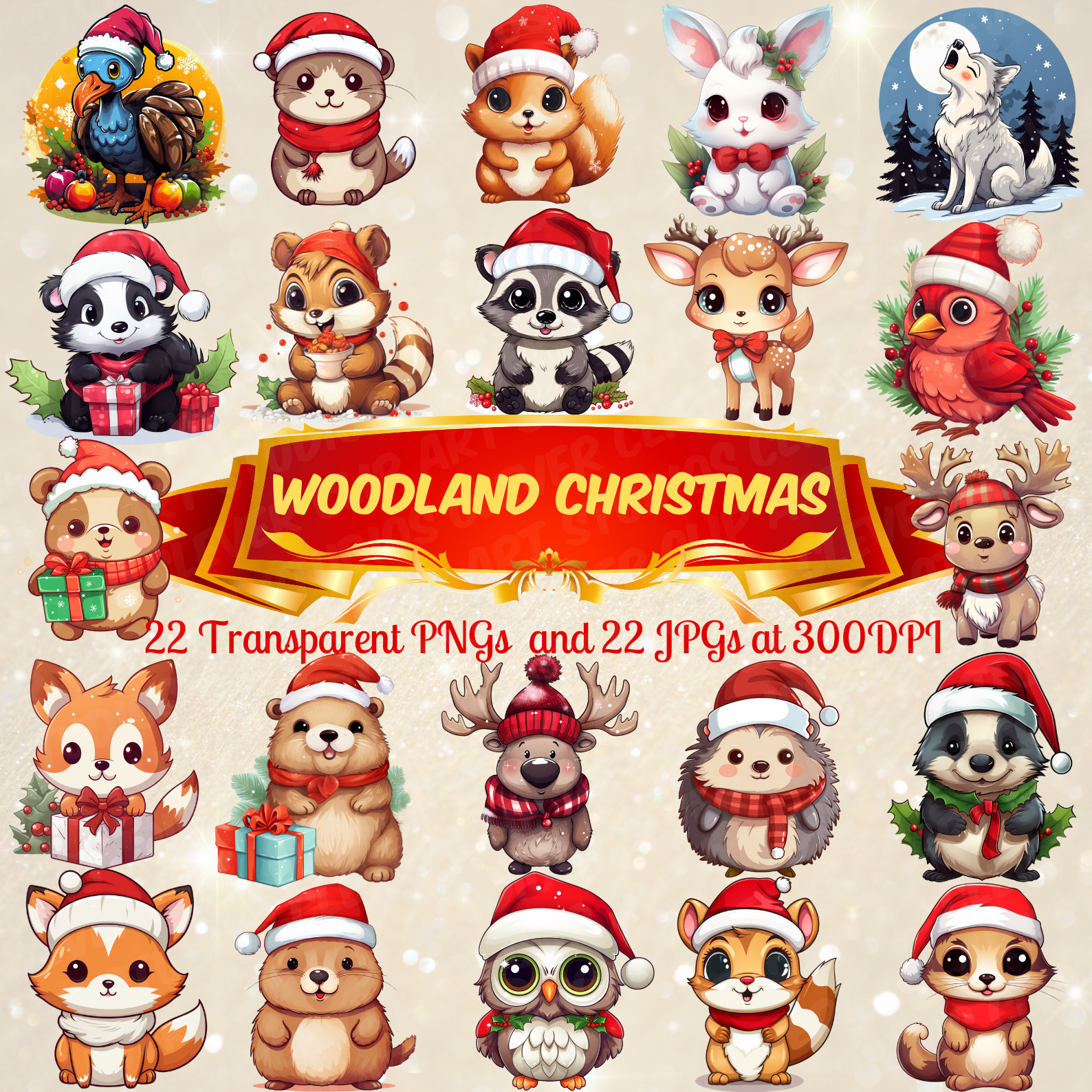 Woodland Animal Christmas Clipart Kawaii Cute Christmas - Etsy