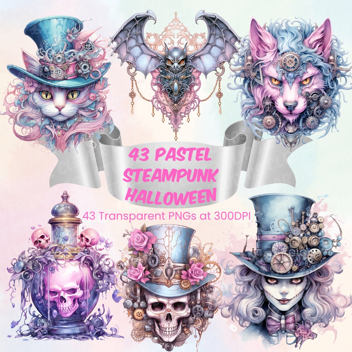 Pastel Steampunk Halloween Clipart Cute Watercolor Pastel Blue Pink ...