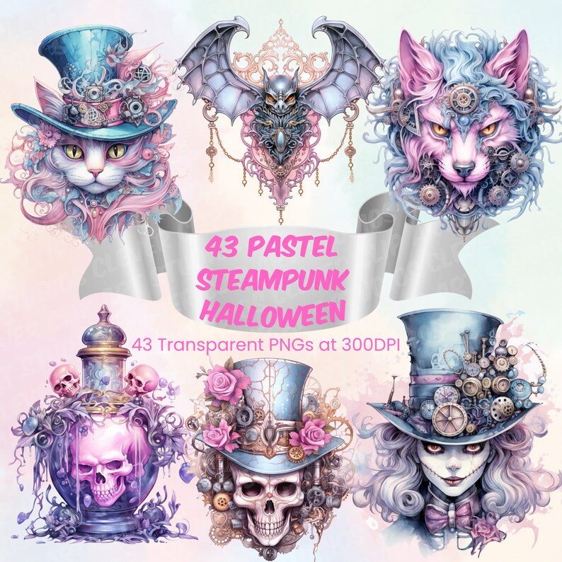 Pastel Steampunk Halloween Clipart Cute Watercolor Pastel Blue Pink ...