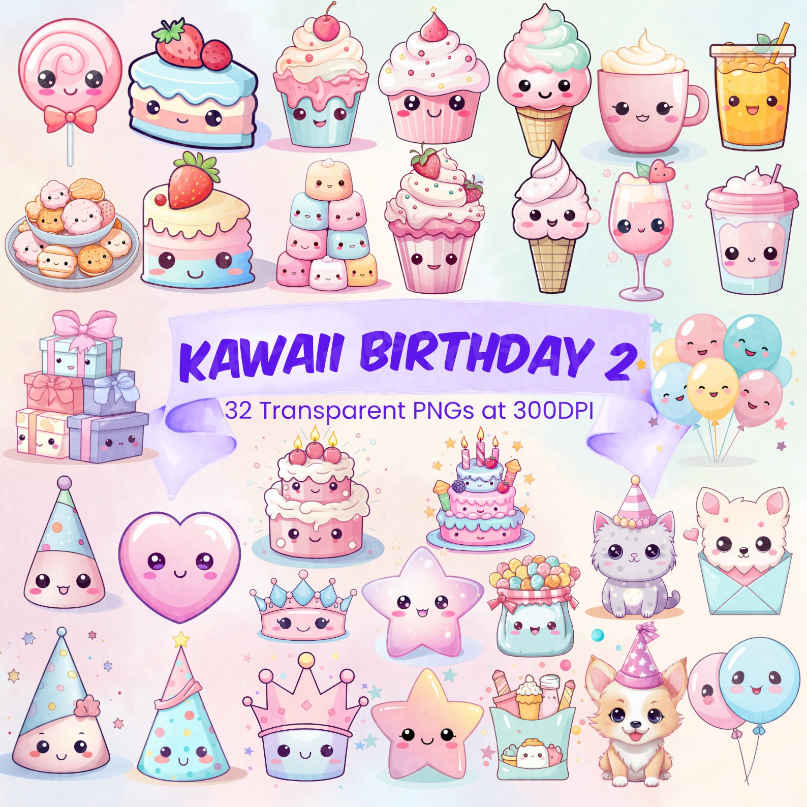 Cute Kawaii Birthday Clipart Bundle Kawaii Downloadable Birthday Art ...
