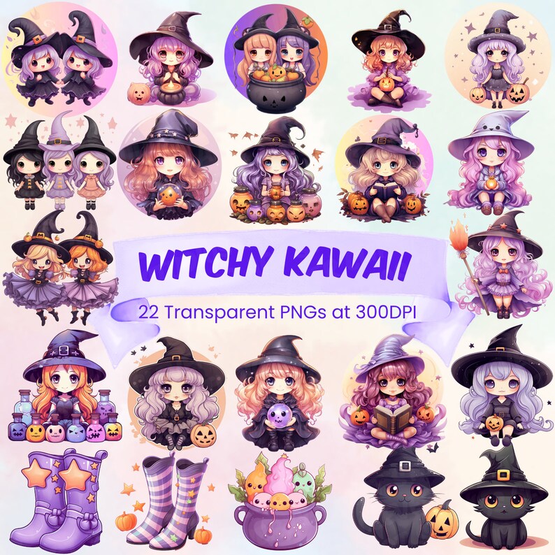 Witchy Kawaii Halloween Cute Clipart Bundle Halloween Printable ...
