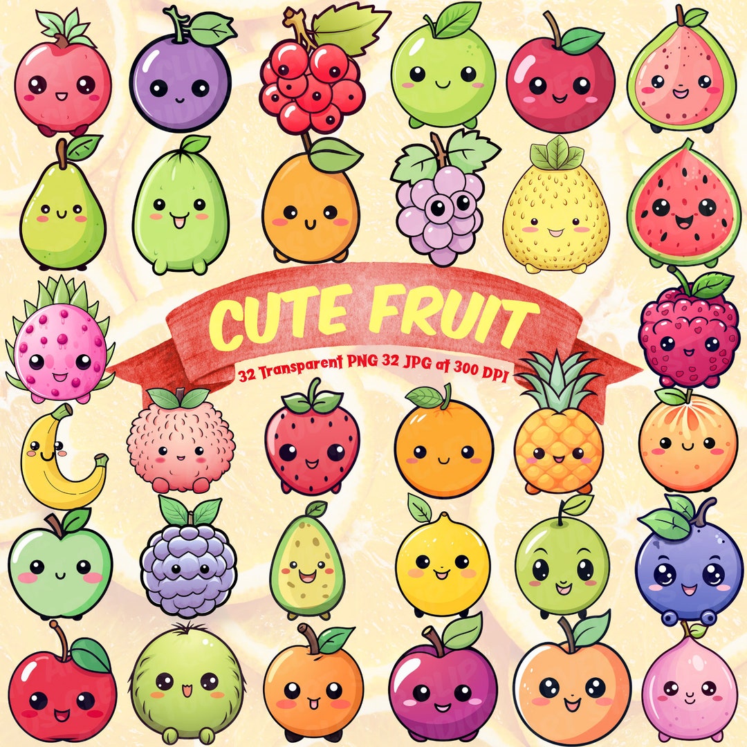 Cute Kawaii Fruit Clipart Bundle Watercolor Cute Fruit PNG Cute Summer ...