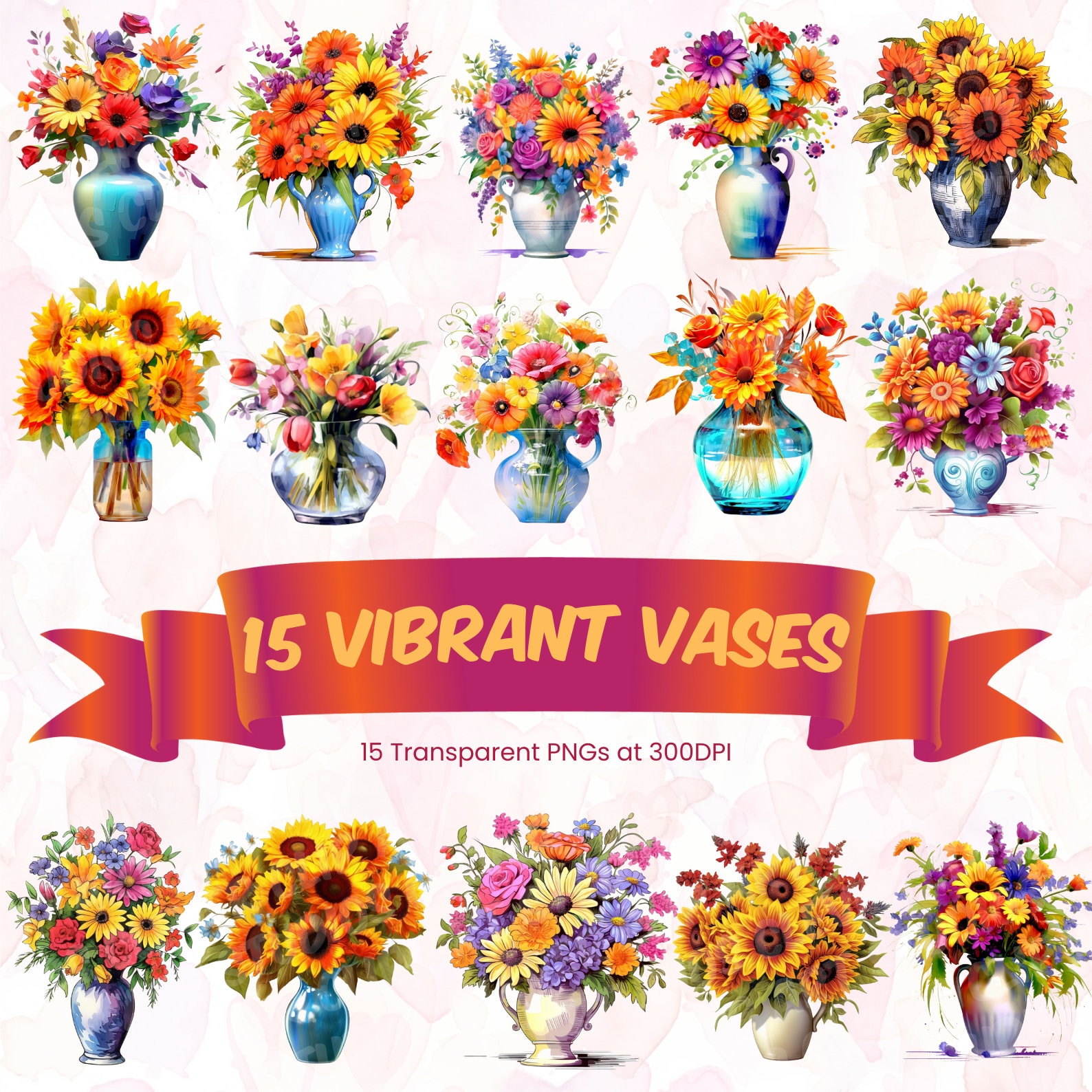 Vibrant Vases of Flowers, Flower Clip Art, Bouquet of Flowers, High ...