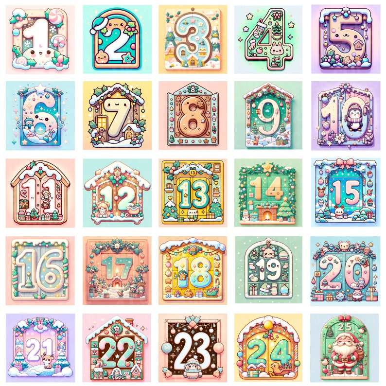 Cute Advent Calendar Numbers Kawaii Christmas Printable Advent Numbers ...