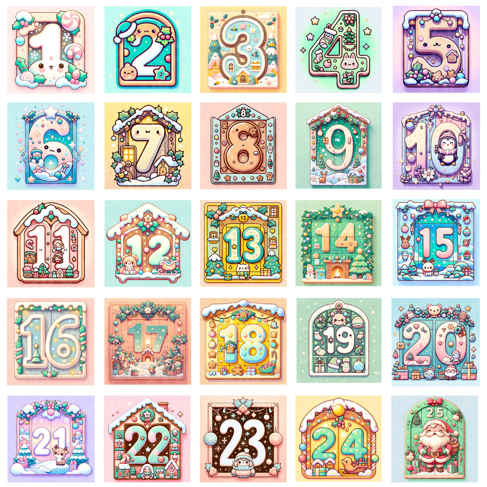 Cute Advent Calendar Numbers Kawaii Christmas Printable Advent Numbers ...