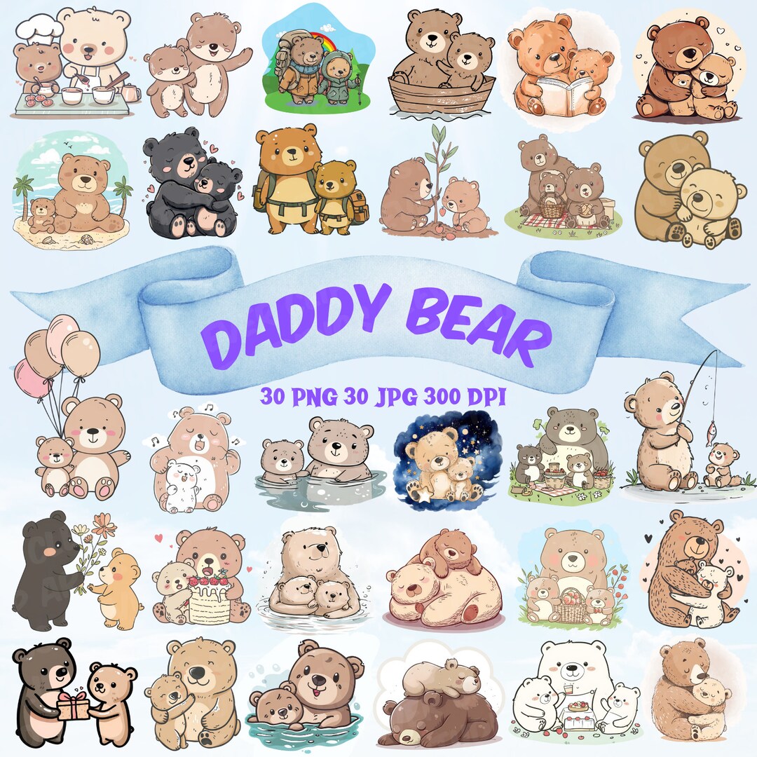 Daddy Bear Clipart Bundle Cute Papa Bear and Baby Bear PNG Bundle ...