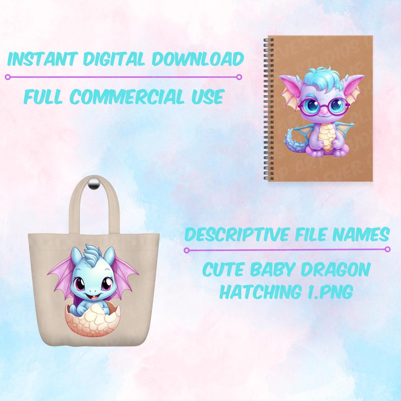 Cute Baby Dragon Clipart Bundle Kawaii Dragon Baby Birthday Watercolor ...