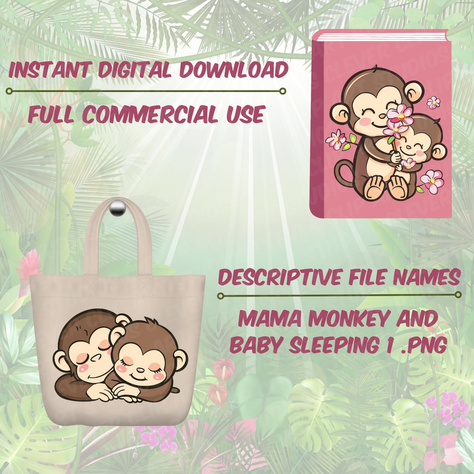 Mama Monkey and Baby Monkey Happy Mothers Day Clipart Bundle Cute ...