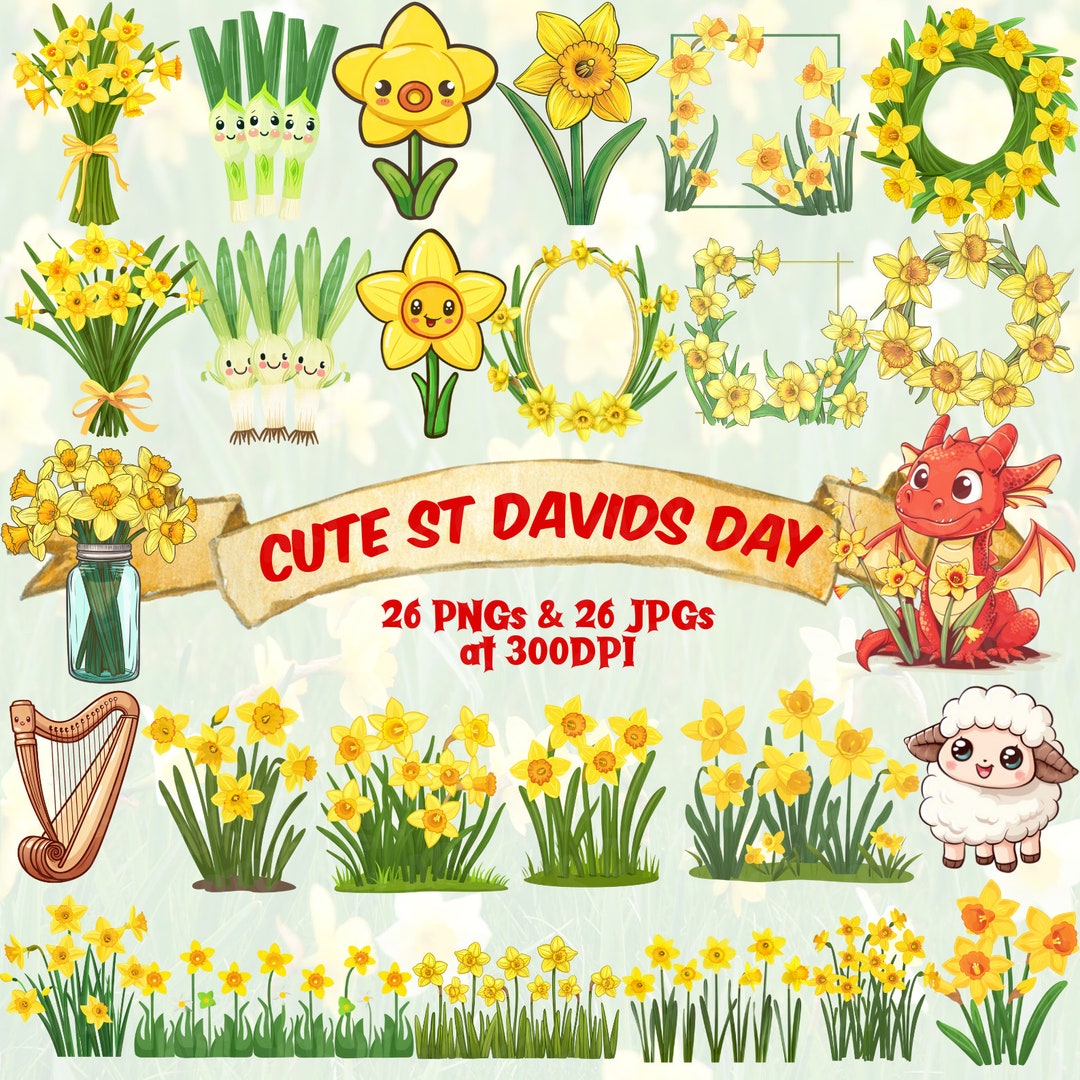 Cute Saint Davids Day Clipart Bundle Kawaii Daffodil Clipart March ...