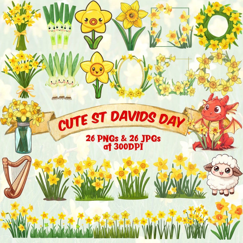 Cute Saint Davids Day Clipart Bundle Kawaii Daffodil Clipart March ...