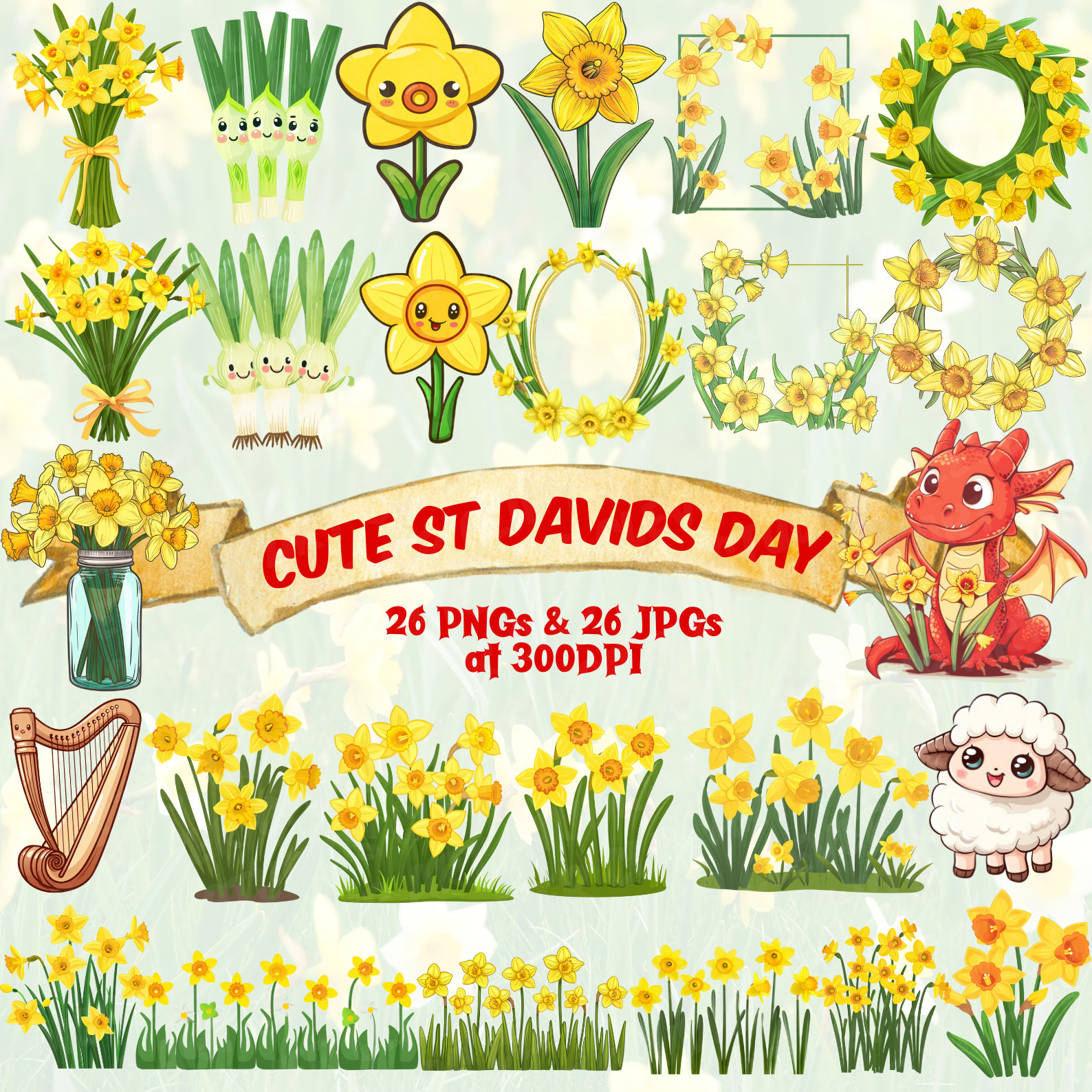 Cute Saint Davids Day Clipart Bundle Kawaii Daffodil Clipart March ...