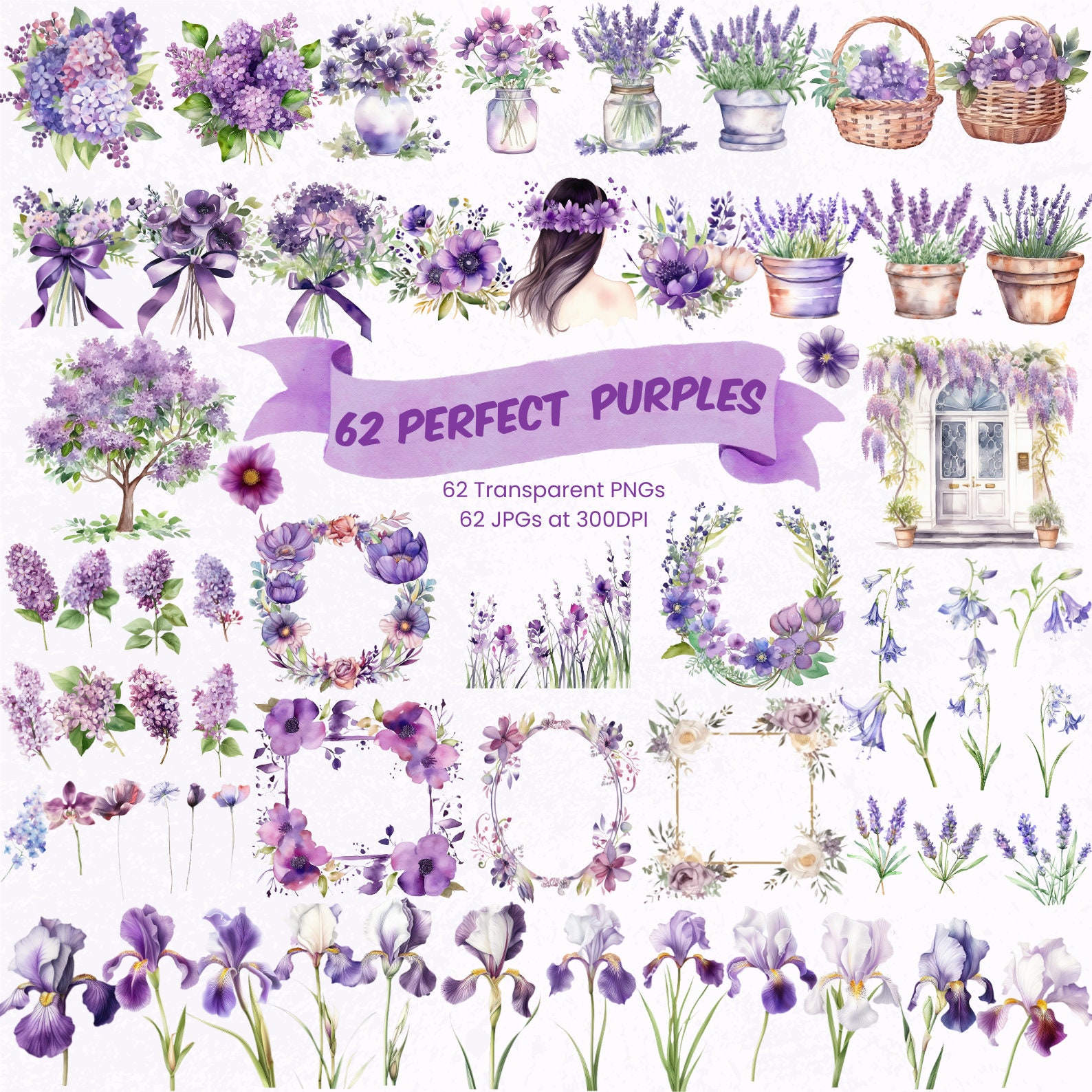 Purple Flower Watercolor Clipart Floral PNG Bundle Purple Pink Bouquets ...