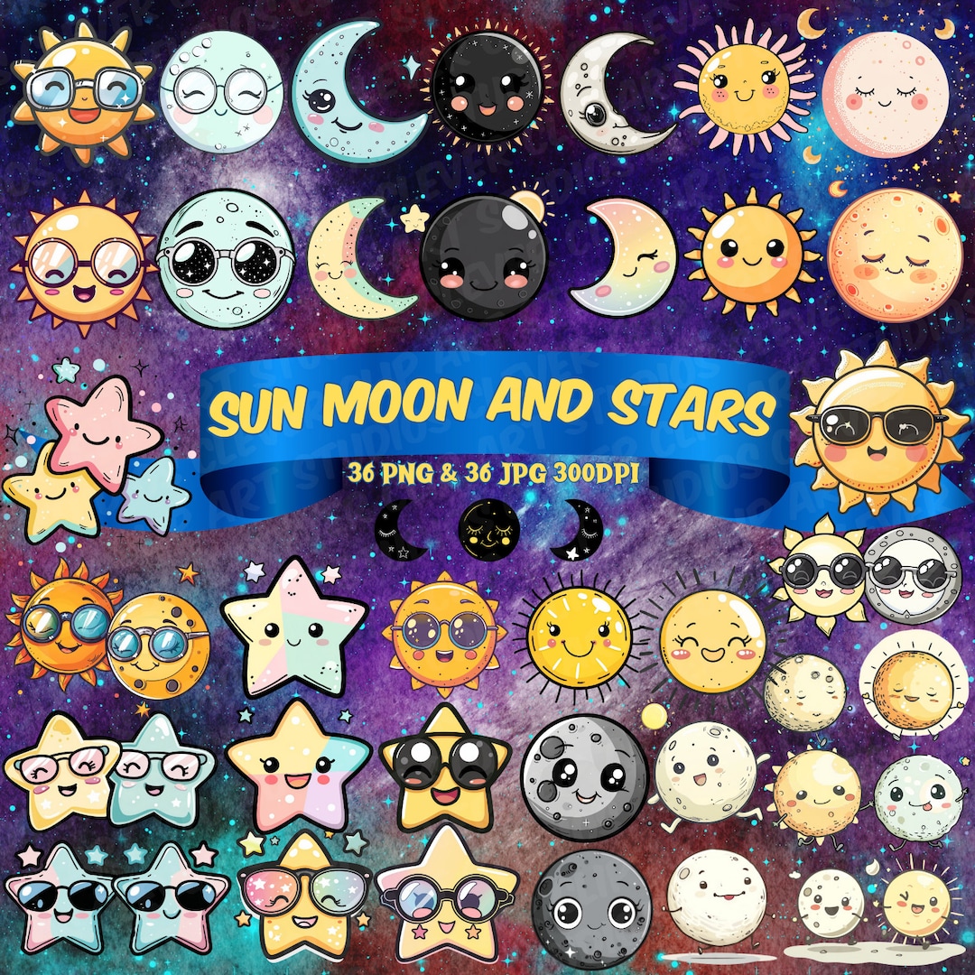 Cute Sun Moon and Stars Clipart Bundle Sun Moon Stars Kawaii Download ...