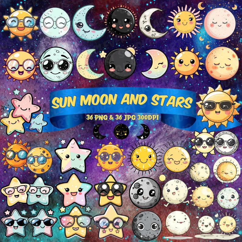 Cute Sun Moon and Stars Clipart Bundle Sun Moon Stars Kawaii Download ...