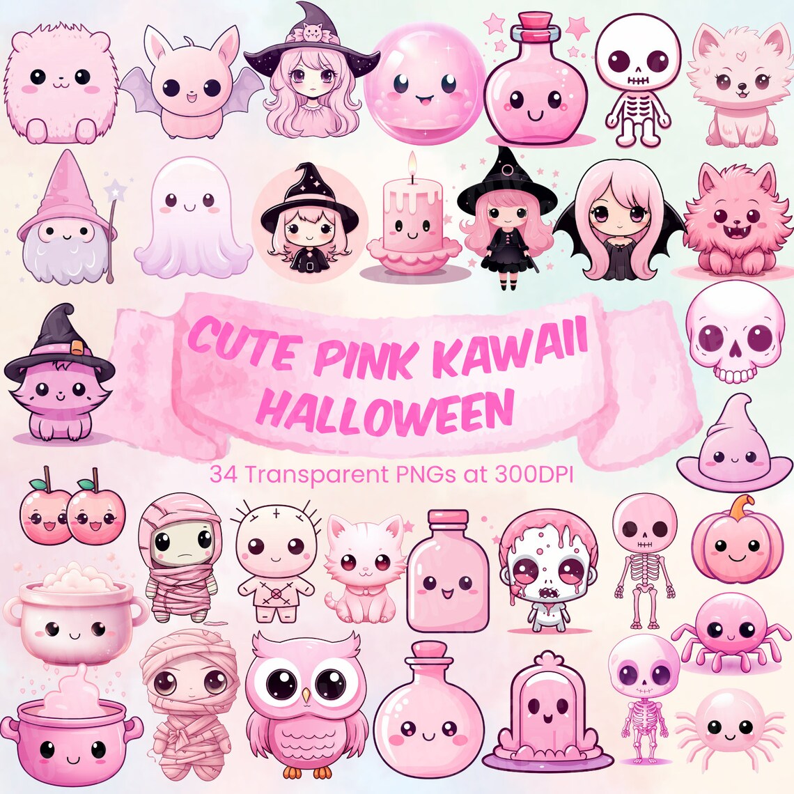 Cute Pink Kawaii Halloween Clipart Bundle Transparent Pngs Kawaii ...