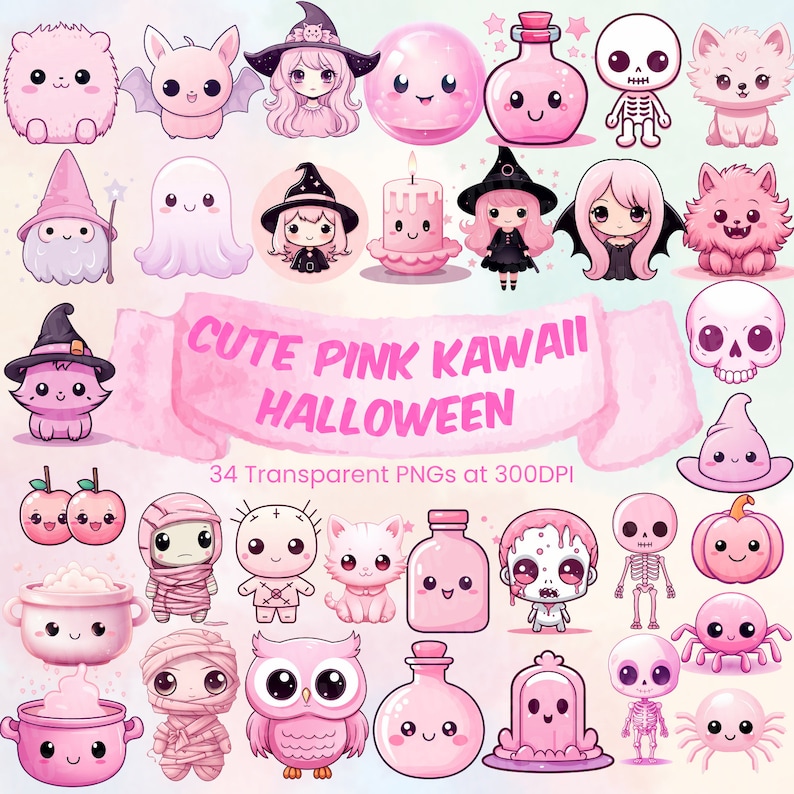 Cute Pink Kawaii Halloween Clipart Bundle Transparent Pngs Kawaii ...