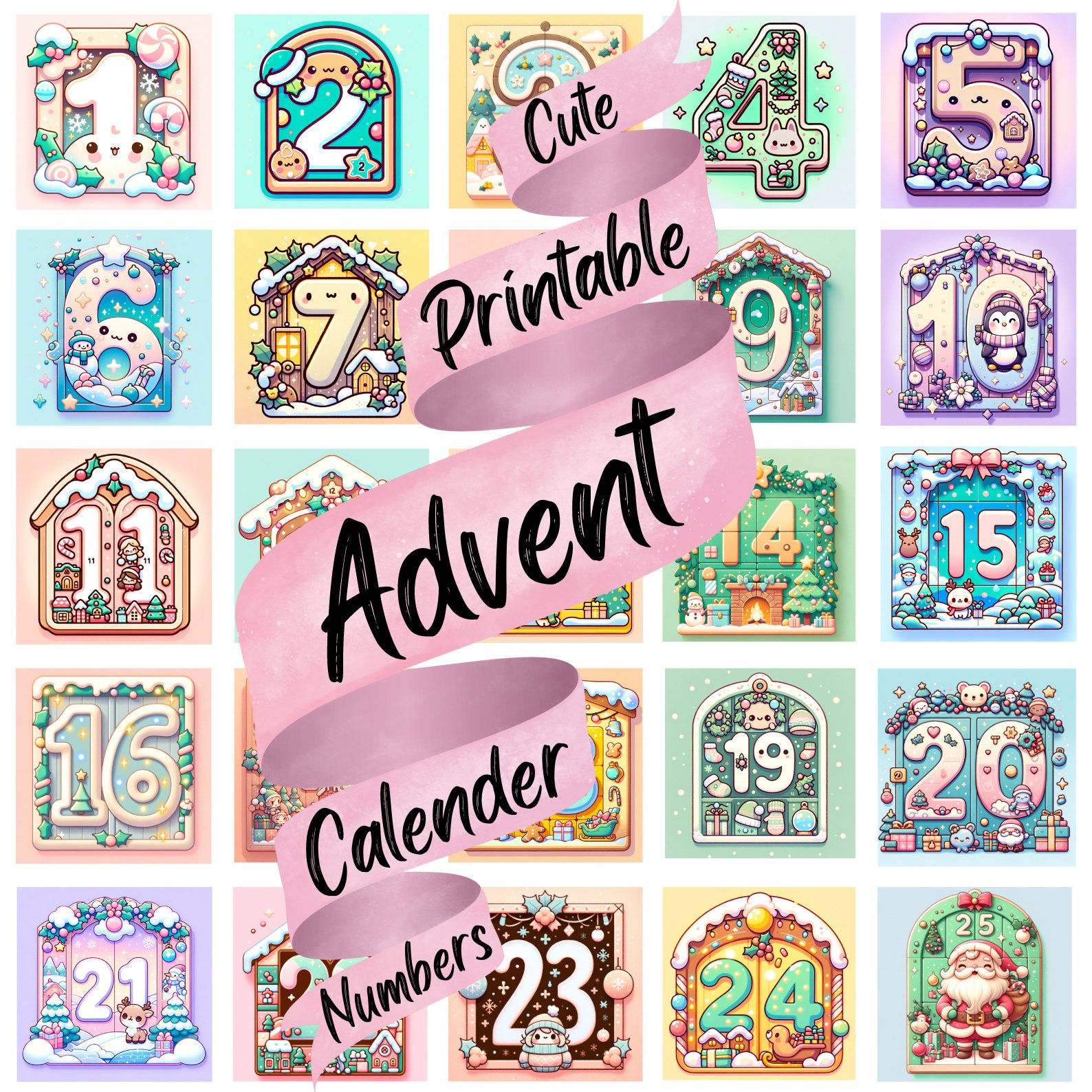 Cute Advent Calendar Numbers Kawaii Christmas Printable Advent Numbers ...
