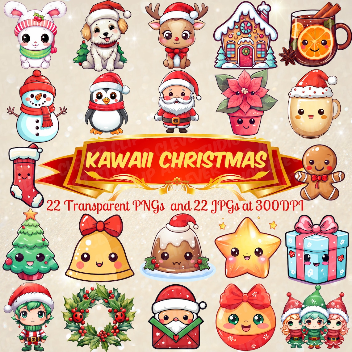 Cute Kawaii Christmas Clipart Bundle Transparent Printable Christmas ...