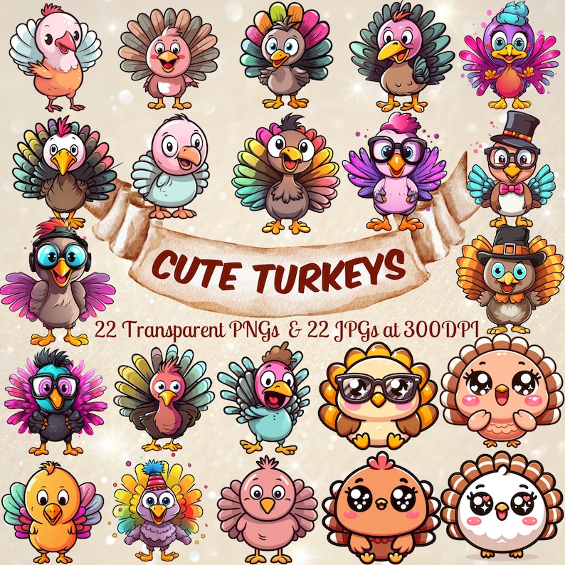 Kawaii Cute Turkey Clipart Bundle Funny Thanksgiving Turkey PNG Bundle ...